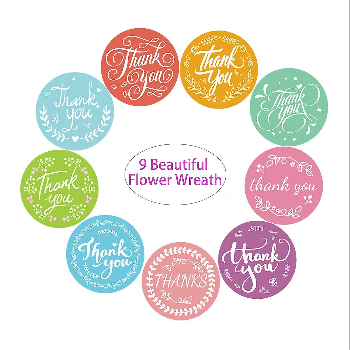 PMCDS2G Thank You Stickers Roll 1" Flower Wreath 9 Beautiful Styles 500 Units in One Roll for Gift Décor Sealing