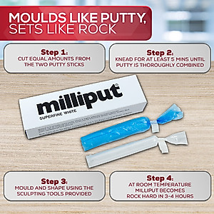 Milliput Plumbers Putty 10 Piece Set, Superfine White - with Sculpting Tools, Sanding Pad and Gloves - Ceramic Tile, Fiberglass Tub, Bath, Sink and Porcelain Repair Kit - 2 Part Epoxy Modeling Clay
