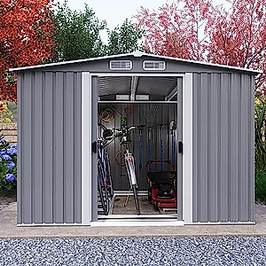 Goohome 8x6 FT Sheds & Outdoor Storage, Sturdy Metal Galvanized Steel Garden Storage Shed W/Lockable Sliding Doors, Built-in-Handles, 4 Air Vents, Waterproof Spacious Utility Tool Storage Bike Shed