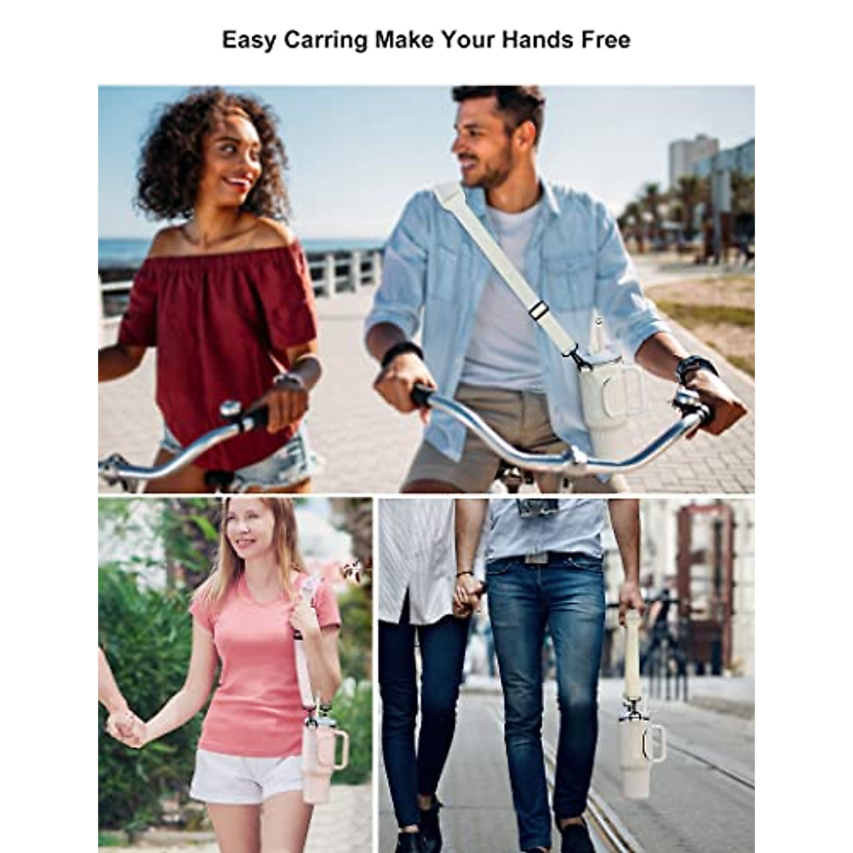 Aiscool Water Bottle Carrier Bag Holder for Stanley Quencher H2.0 Tumbler 40 Oz Cream, Neoprene Water Bottle Sling Bag Sleeve Holder Carrier with Adjustable Shoulder Strap & Straw Covers