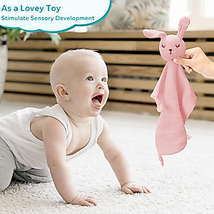 ZIGJOY Bunny Lovey Muslin Cotton Baby Security Blanket Soft Breathable Lovies for Babies Gifts for Newborn Infant Toddler Boys and Girls, Pink