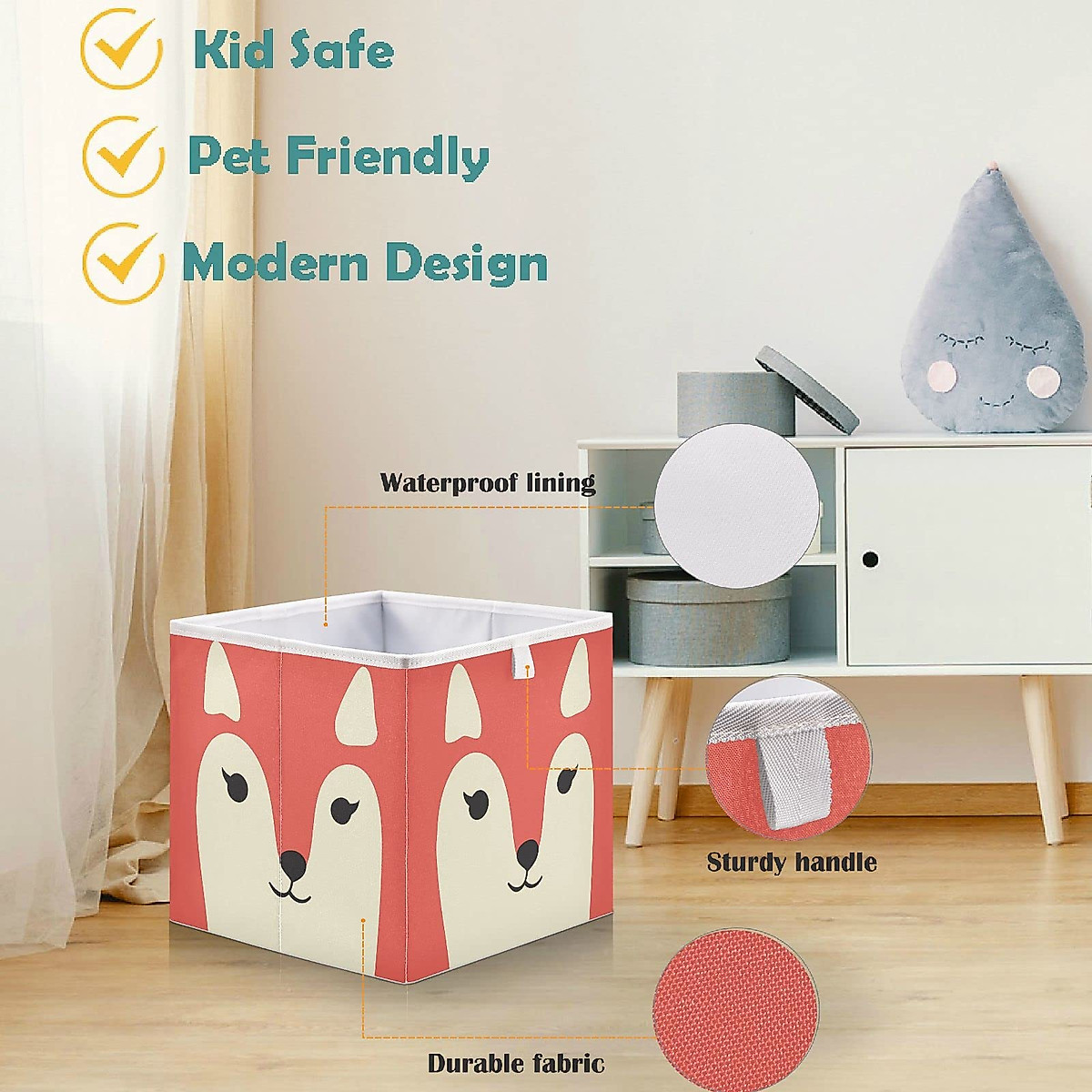 visesunny Funny Fox Animal Closet Baskets Storage Bins Fabric Baskets for Organizing Shelves Foldable Storage Cube Bins for Clothes, Toys, Baby Toiletry, Office Supply