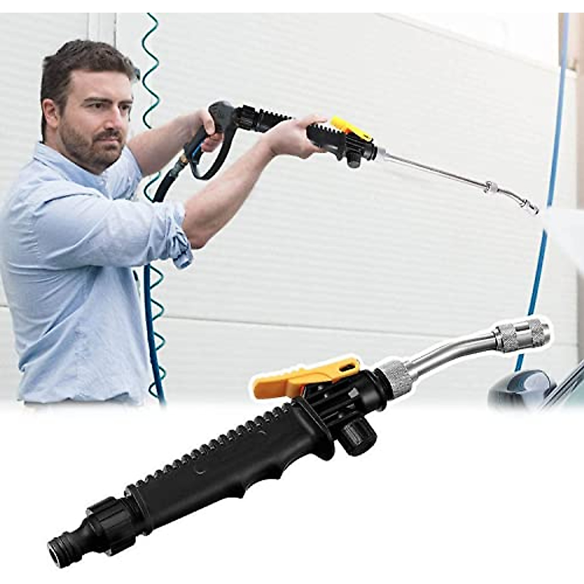 High Pressure Power Washer, 2-in-1 Adjustable Portable High Pressure Hose Nozzle, High Pressure Cleaning Tool, Metal Garden Sprinkle for Car Washing Outdoor Gardening (36cm+Foam Jug)
