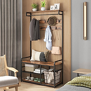 Livofloral Hall Tree Coat Rack with Storage, Entryway Hall Tree with 9 Hooks, Coat and Shoe Rack, Industrial Entryway Furniture with Shoe and Clothes Storage for Mudrooom, Rustic Brown