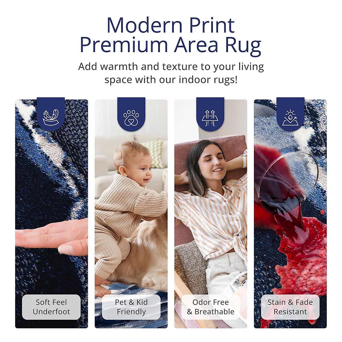 Abani Rugs Contemporary Blue & Grey Marble Ice Design 6’ x 9’ Area Rug - Modern Swirl Watercolor Non-Shedding Bedroom Rug