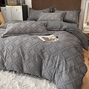 MorroMorn 5 PCS Boho Bedding Sets, Textured Duvet Cover Set, Tufted Comforter Covers, Diamond Jacquard Soft Breathable Neutral for Men Women Bed All Seasons (Grey, King/California King)