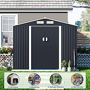 HOGYME 9.1' x 6.3' Storage Shed, Sheds & Outdoor Storage with Double Sliding/Lockable Door, Metal Tool Shed for Garden Backyard Patio Lawn, Gray
