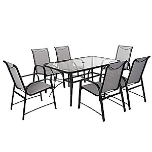 Cosco Outdoor Dining Set, 7 Piece, Gray Frame, Light Gray Sling