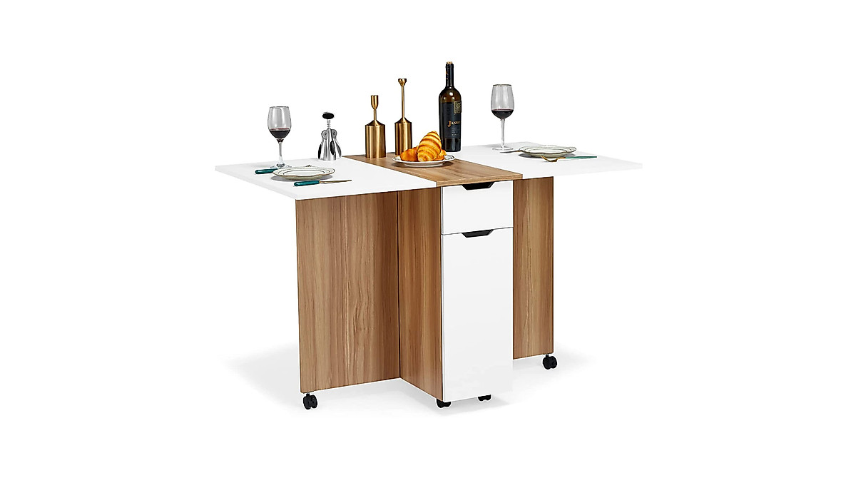 JOMEED Folding Dining Table with 6 Wheels, Drawer and 2-layer Storage ...
