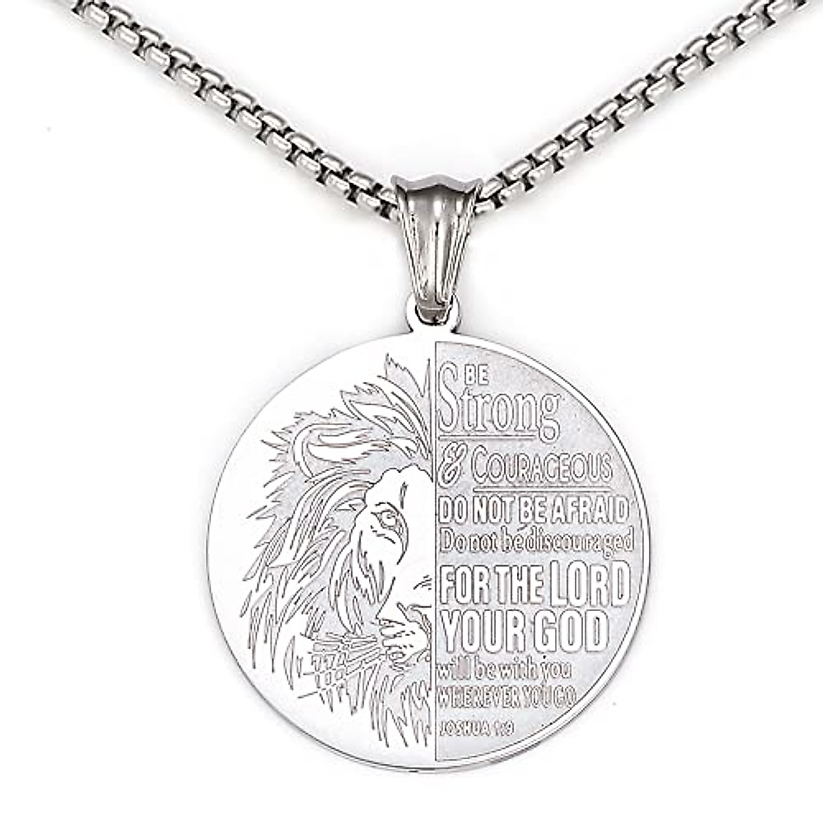 UTHOSMDO Be Strong Lion Bible Cover - Joshua 1:9, Engraved English Bible Lords Stainless Steel Necklace (Silver)