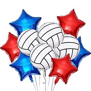 Wdecorm 14Pcs Volleyball Balloons Set, 4Pcs 18 inch 10 Pcs Red Blue Star Mylar for Sports Themed Birthday Baby Shower Senior Night Celebration Party Decoration Supplies
