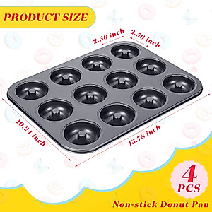 4 Pieces 12 Cavity Mini Donut Pan Nonstick Donut Pan Donut Baking Pan Doughnut Bakeware for Oven Baking Muffin Cake Dessert, Black, 13.78 x 10.24 Inches