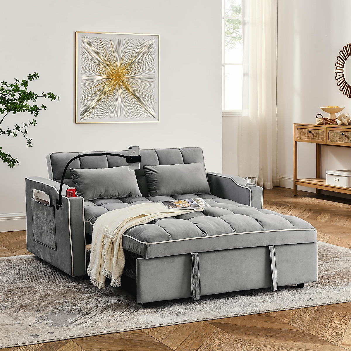 Bellemave Foldable Sofa Bed with Phone Holder, Pull Out Velvet Loveseat Sleeper with 2 USB Charging Ports, Modern Futon Couch with Cup Holders and Adjustable Backrest, for Living Room, Gray