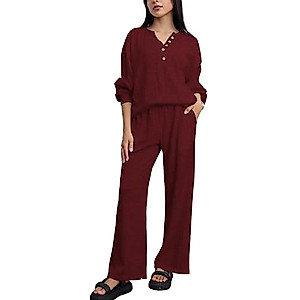 Ekouaer Womens Long Sleeve Knit Lounge Set Casual Sweater Slouchy Pajama Set Cozy Loose Loungewear for Winter with Pockets (Wine Red, M)