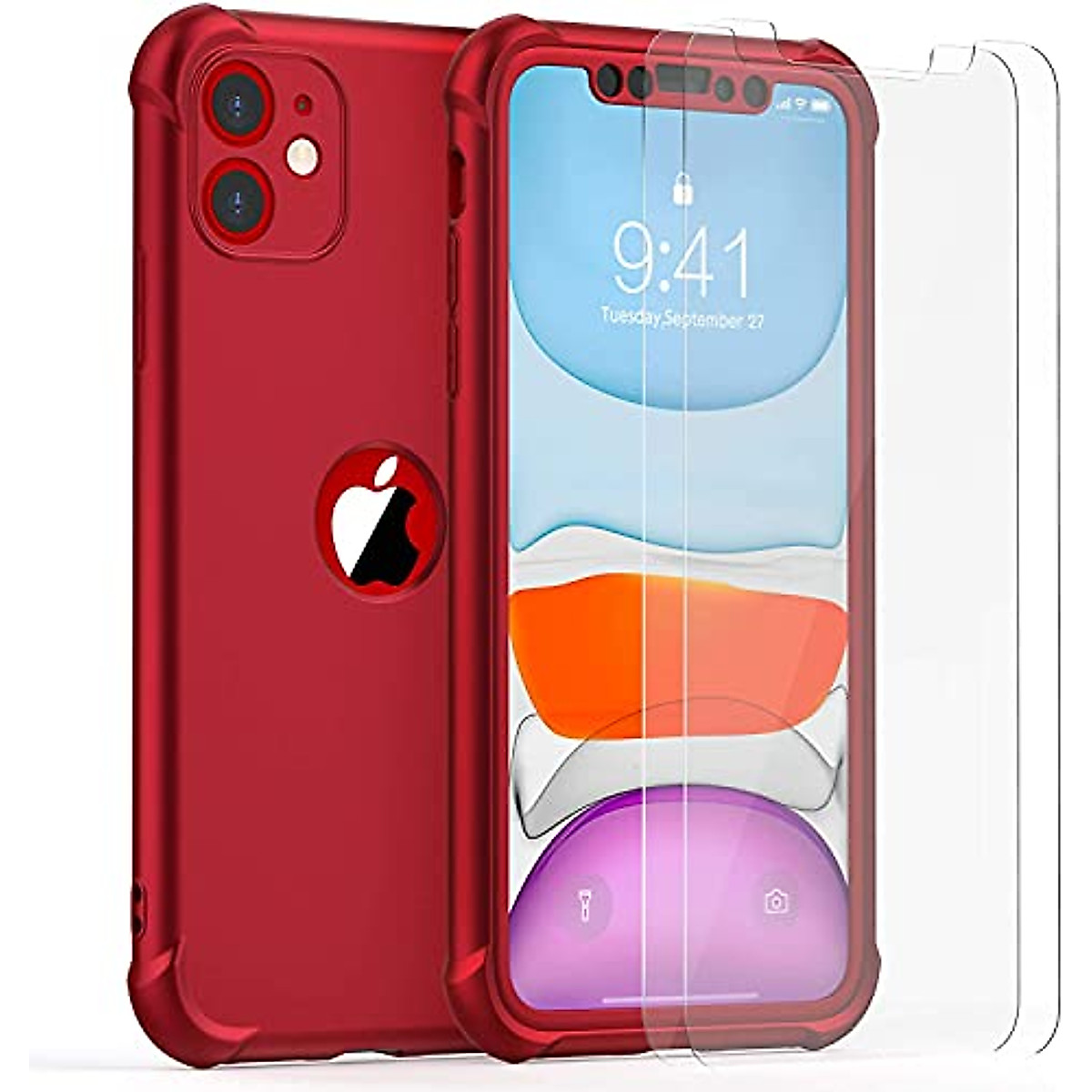 ORETECH Designed for iPhone 11 Case, with[2 x Tempered Glass Screen Protector] 360° Full Body Heavy Duty Shockproof Protection Cover Hard PC Soft Rubber Silicone for iPhone 11 (2019) - 6.1''- Red