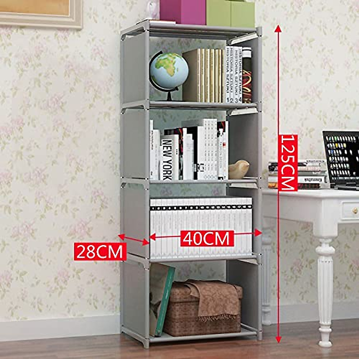DOONARCES 4 Tiers Grey Bookcase Bookshelf Free Standing Book Toys Storage Rack Organizer Display Shelf Waterproof Metal&Woven Fabric Shelf for Study Room Bedroom Living Room 16 * 10 * 49in