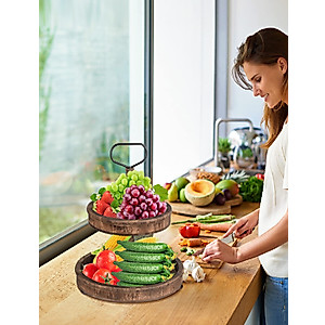 Tiered Tray Decor, Farmhouse Tiered Tray Round Brown Wooden Rustic Ornaments, Two Tiered Tray for Coffee Plate Cakes Dessert Fruit Platters