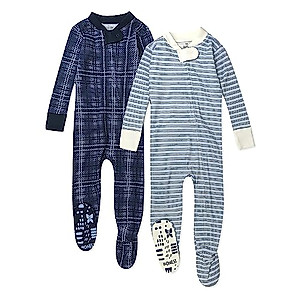 HonestBaby Non-Slip Footed Pajamas One-Piece Sleeper Jumpsuit Zip-Front PJs 100% Organic Cotton for Baby Boys, Blue Plaid, 12 Months