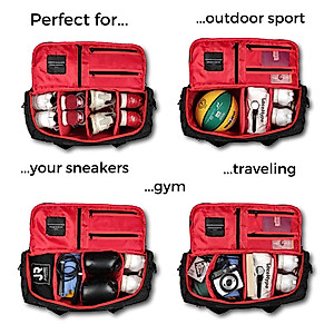 PREMIUM Sneaker Bag, Duffel Bag, Gym Training Bag, Travel Bag, Basketball Bag, Footbal Bag with 3 adjustable compartment dividers (Black/Red)