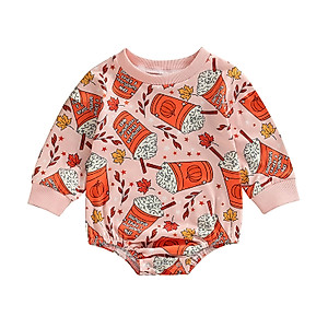 Halloween Newborn Baby Girl Outfit Pumpkin Sweatshirt Romper Long Sleeve Onesie Jumpsuit Infant Fall Winter Clothes (Milk Tea, 0-3 Months)