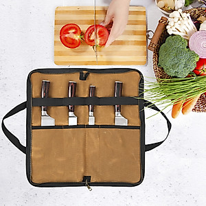 Chef Knife Case, 4 Slots Portable Knife Roll with Handle, Heavy Duty 16oz Waxed Cavas, Knife Holder with Professional Cut-Resistant Fabric Lining, Khaki