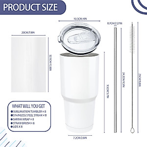 YOUKE OLA 10 Pack Sublimation Tumbler Blank Bulk Stainless Steel Double Wall Vacuum Insulated Coffee Travel Tumbler Car Cups with Shrink Wrap & Straws, White 30oz