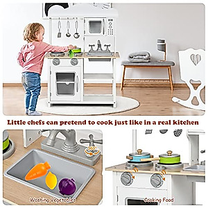 Costzon Kids Kitchen Playset, Wooden Play Kitchen w/Sink, Oven, Microwave, Stove, Pots, Utensils, Pretend Play Cooking Set w/Shelf, Cabinets, Great Gift for Toddlers Boys Girls