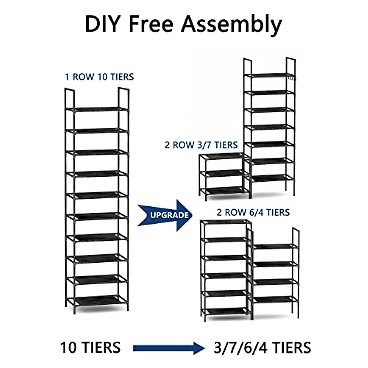 Wodeer Shoe Rack,10 Tiers Tall Free Standing Shoe Racks,Narrow Shoe Storage 20-24 Pairs Shoes, Space-Saving Shoe Shelf Organizer for Closet,Entryway,Metal Frame&Non-Woven Shelves,Black.