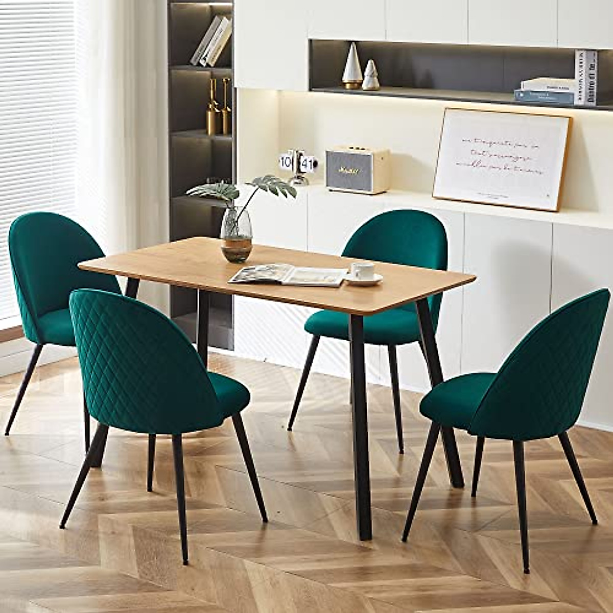 NORDICANA Dining Table Chair Set, 5 Piece Rectangular 49 in Faux Wood Grain Dinner Table with Kelly Green Velvet Upholstery Side Chairs for 4 People, Space-Saving for Dining Room, Kitchen
