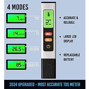 Craft911 4-in-1 Tds Meter Digital Water Tester for Drinking Water - Accurate and Reliable TDS Electric Conductivity Meter & Temp (°C,°F) Meter - 0-9990ppm