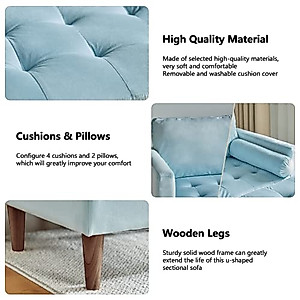 ORRD U-Shape Convertible Sectional Sofa, Modular Sleeper Couch Chaise Modern 6 Seater Velvet Sofa for Living Room, Bedroom, Apartment (Light Blue)