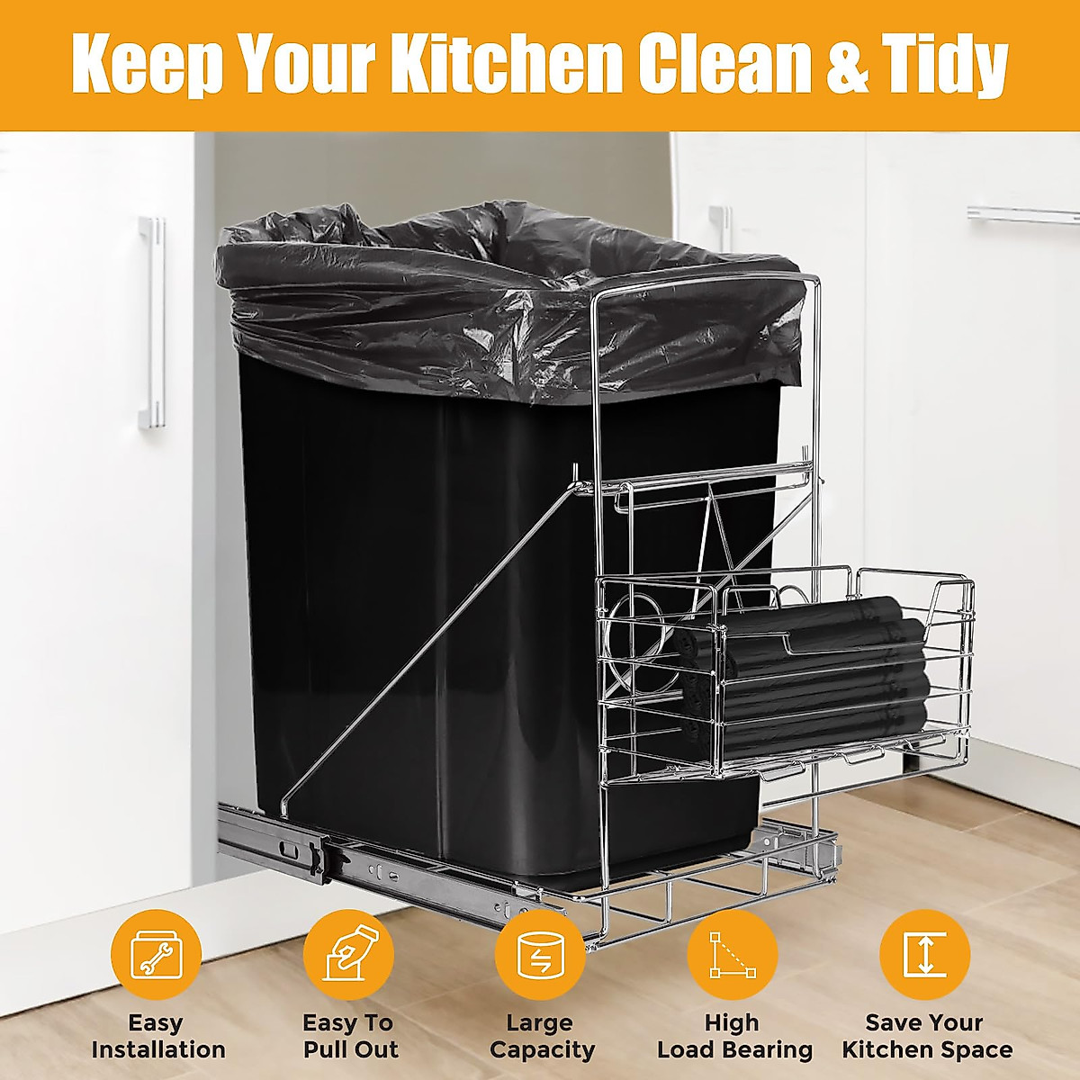 Under Cabinet Pull Out Trash Can Kit – Adjustable Shelf Removable Front Basket for Garbage Bag Storage, Under Sink Trash Can Pull Out for Kitchen Fits 7-12 Gallon Bins (Trash Can Not Included)
