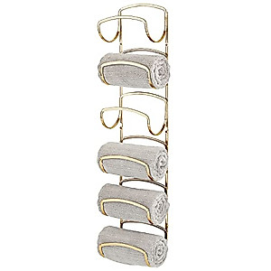 mDesign Steel Towel Holder for Bathroom Wall - Wall Mounted Organizer for Rolled Towels and Bath Robes - Six Level Wall Mount Towel Storage Rack - Bathroom Towel Organizer, Hyde Collection, Soft Brass