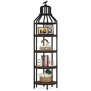 Tribesigns 4-Tier Corner Bookshelf, Industrial 4 Shelf Corner Bookcase Small Book Shelf, Round Floor Standing Display Storage Rack Organizer for Living Room, Home Office, Small Space (Rustic Brown)