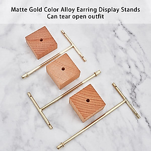 FINGERINSPIRE 3 Pcs Gold Metal T Bar Earring Display Stand 6.3/5.5/4.5 Inch Height Jewelry Stand with Wooden Square Base Earring Hanging Holders Jewelry Organizer for Store Retail Photography Props