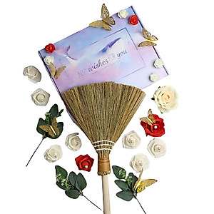 Wedding Brooms for Jumping Ceremony, Extended 35 x 11.8 in DIY Whisk Broom, Jumping The Broom for Wedding, Decorative Broom with 3D Butterflies/Name Stickers/Artificial Roses/Eucalyptus Leaves