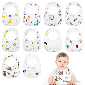 Fuyamp 10 Pcs Muslin Baby Bibs Snap Muslin Bibs for Boys & Girls, 100% Cotton Muslin Absorbent & Soft Layers, 8 Layers Muslin Bibs for Infant Teething and Drooling