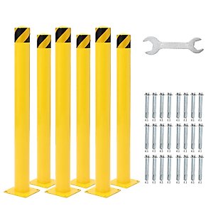 GarveeTech Safety Bollards 6 Pack - 48 Inch Heavy-Duty Yellow Steel Posts with 4.5 Inch Diameter & 8 Anchor Bolts for Effective Traffic Control & Driveway Barriers