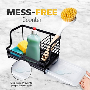 Aristeia Home Kitchen Sink Caddy Organizer - Stainless Steel Kitchen Sink Organizer with Drip Tray, Versatile Sponge Caddy for Kitchen Sink with Scrub Brush Included - Black