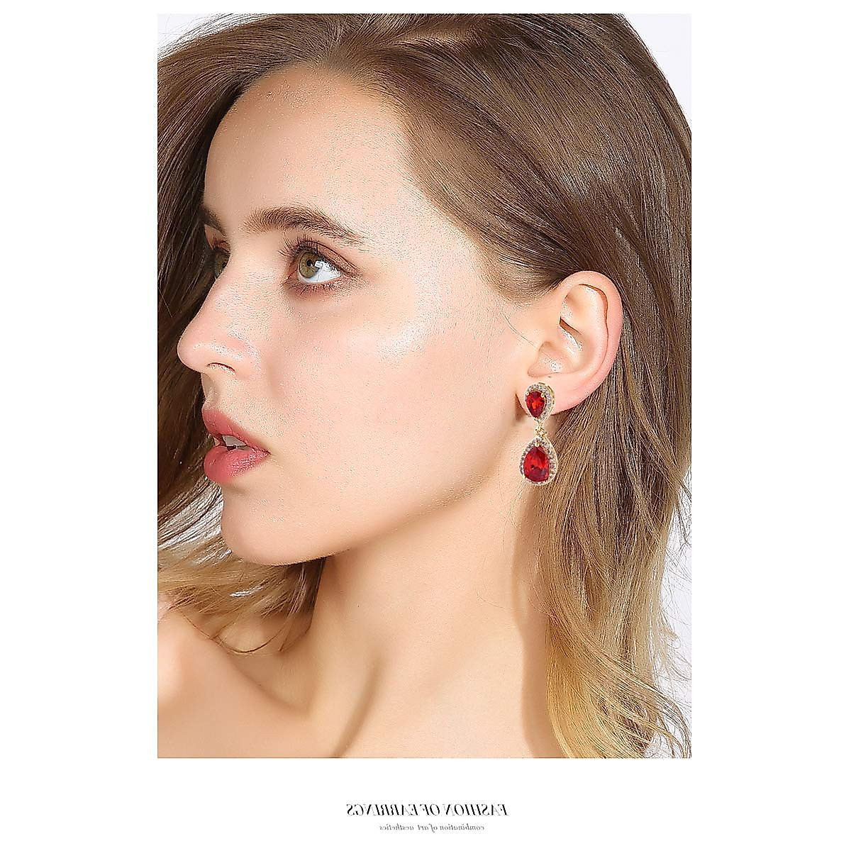 Ruby Gold Earrings for Women - 14k Gold Plated Teardrop Earrings Sterling Silver Pear-shaped CZ Cubic Zirconia Crystal Rhinestone Drop Earrings Bridal Jewelry for Bride Bridesmaids Party Prom Dance