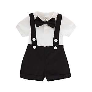RUSHAIBAR Baby Boys Formal Outfits Suit Set Romper Suspenders Shorts Pants Bowtie Wedding Tuxedo Cake Smash Clothes black 18-24 Months