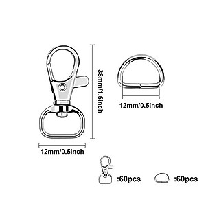 SANNIX 120 Pcs Keychain Clip Hooks with D Ring Include 60Pcs Swivel Snap Hooks Lanyard Clip and 60Pcs D Ring for Purse Hardware Sewing Projects (1/2” Inside Width)