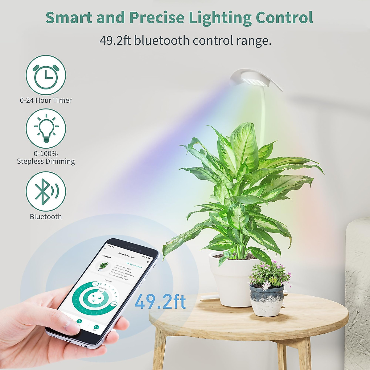 Diivoo Smart Grow Light for Indoor Plants, Full Spectrum Grow Lamp with Stepless Dimming, Bluetooth LED Plant Lights for Home, 360 Spin Gooseneck and Height Adjustable, Automatic Timer