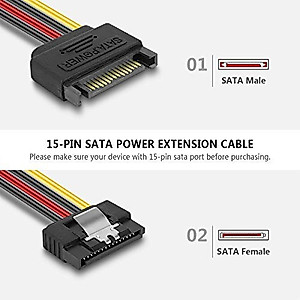 BENFEI SATA Power Extension Cable, 3 Pack 15 Pin SATA Male to Female Extender Cable Cord Adapter for Hard Drive Disk, HDD, SSD, PCIE, 8 inches