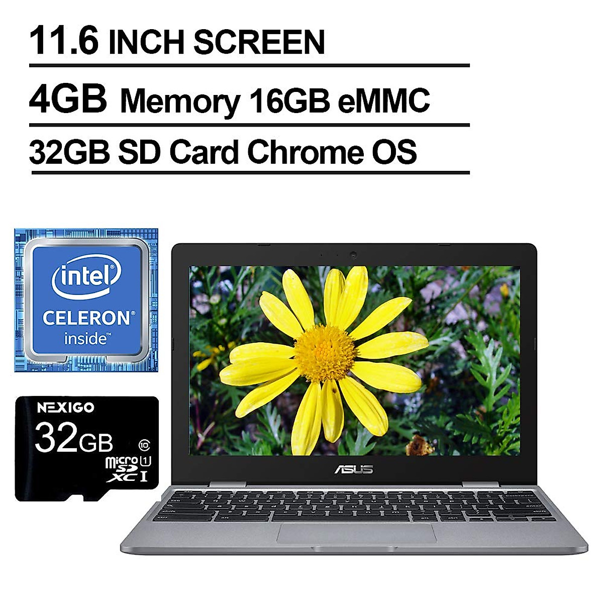 ASUS 2022 Premium Chromebook 11.6 Inch Laptop with Webcam| Intel Celeron N3350 up to 2.4 GHz| 4GB RAM| 16GB eMMC| Bluetooth| WiFi| Chrome OS + NexiGo 32GB MicroSD Card Bundle