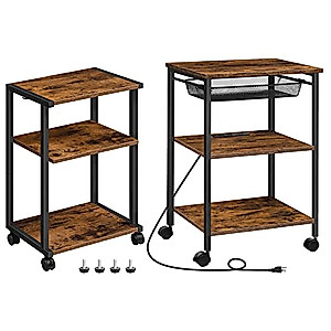 HOOBRO Mobile Printer Stand, 3-Tier Printer Cart Under Desk with Storage, Industrial Adjustable Rolling Cart for Home Office, Rustic Brown and Black BF28PS01-BF23PS01