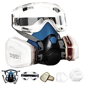LMINHAN Respirator Mask,Half Facepiece Gas Mask with Goggle and 6001 Filters for Chemical, Spray Paint Woodworking Welding Construction Sanding Epoxy Resin