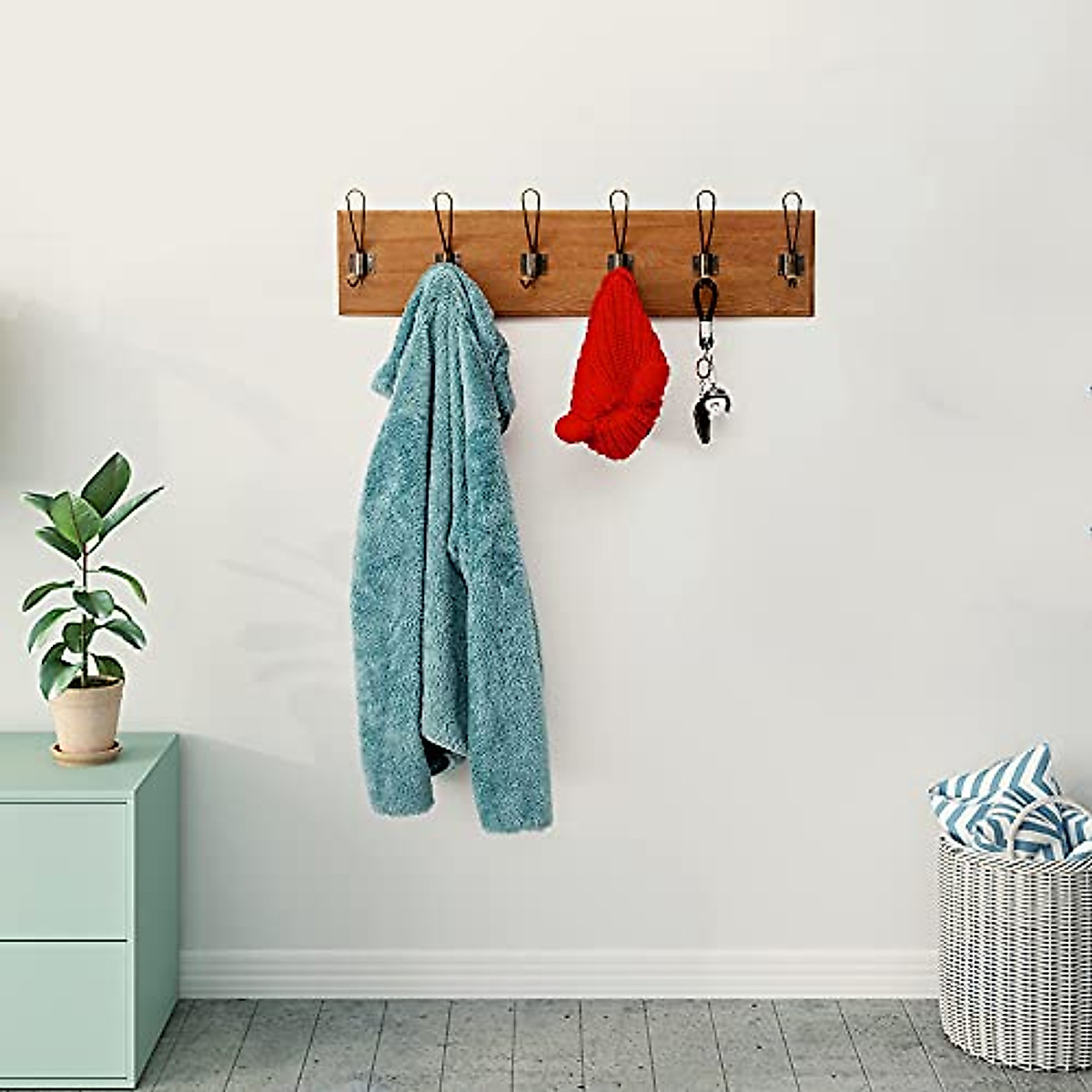 Coral Flower Wall Mounted Rack with Shelf-Rustic Wooden 6 Coat Hanger Rail Distressed Wood Black Metal Hooks, 27 Inches, Light Brown
