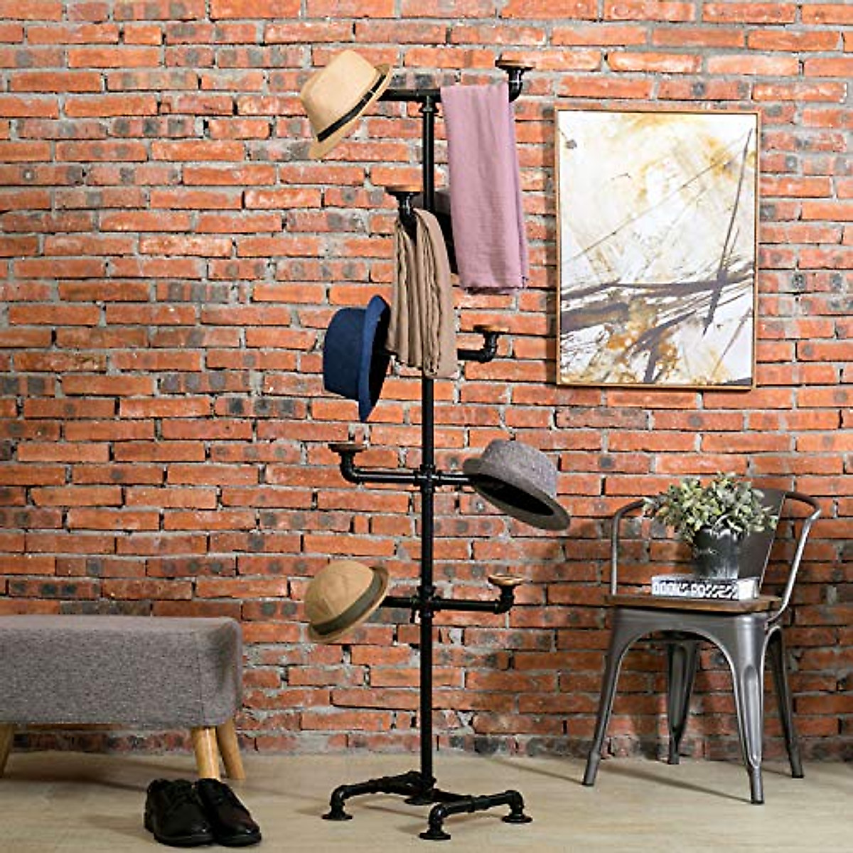 MyGift Industrial Black Metal Hat Rack Stand with 10 Round Rustic Brown Wood Hanging Hooks