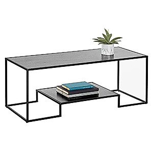 mDesign Living Room Coffee Table with Shelf - Large Rustic Rectangle Coffee Table Metal Furniture Unit with Inlay Water-Resistant Top for Living Room, Basement, Home Office, or Bedroom - Black/Black